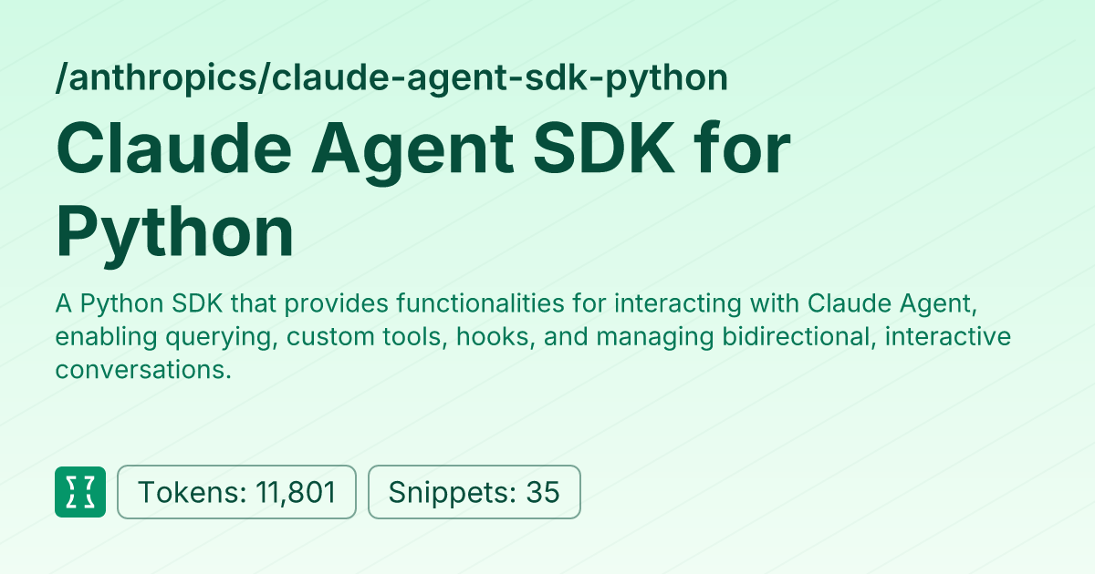 Claude Agent SDK for Python (anthropics/claude-agent-sdk-python) | Context7